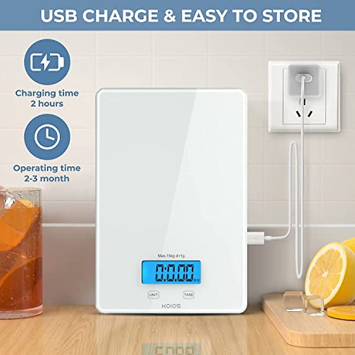 KOIOS USB Rechargeable Food Scale, 33lb/15Kg Kitchen Scale Digital Weight Grams and oz for Cooking Baking, 1g/0.1oz Precise Graduation, Waterproof Tempered Glass, 6 Weight Units, Tare Function