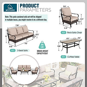 MFSTUDIO Outdoor Patio Furniture Set, 4 PCS Metal Patio Conversation Set for 5, Patio Sectional Sofa Set with High Backres 3-Seat Sofa, 2 Motion Sofa Chairs, 1 Coffee Table, 5.5" Thicken Cushions