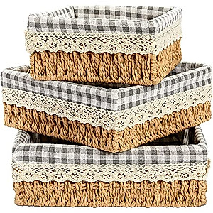 Set of 3 Rectangular Wicker Baskets with Removable Liner, Woven Storage Shelves (3 Sizes)