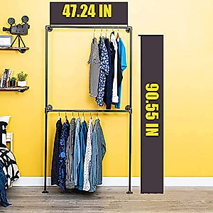 MYOYAY Industrial Pipe Clothes Rack Metal Clothing Garment Rack Wall Mounted Black Iron Garment Bar Multi-Purpose Hanging Rod Clothes Shelves for Closet Storage 47.24 x11.81 x 90.55 inches