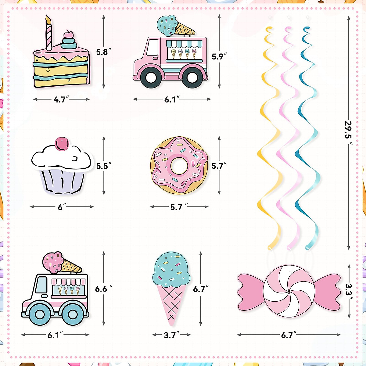 Sweet Comic Ice Cream Donut Hanging Swirl Party Decor, Pastel Cartoon 2D Comic Donut/Candy Party Ceiling Streamers for Girl Ice Cream Theme Birthday Party Kids Candy Wedding Baby Shower Party Supplies