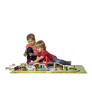 Melissa & Doug Classic Railway Wooden Train Set (82 Pieces ââ‚¬â€œ Magnetic Trains, Car, Tracks, Buildings, Play Figures)
