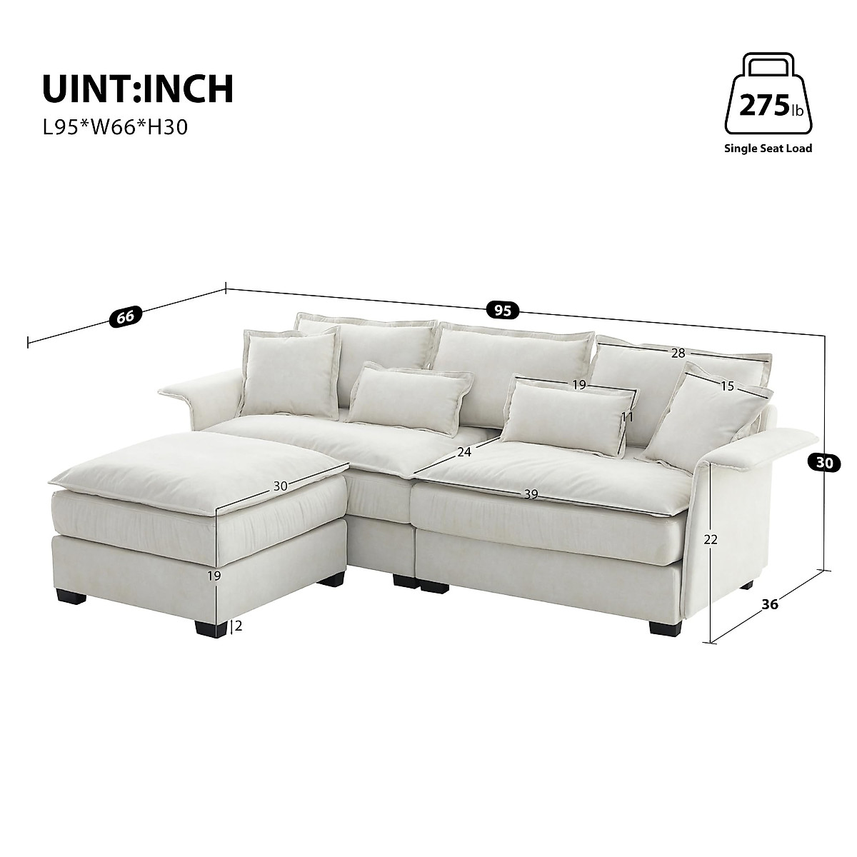 GNIXUU 95" L Shaped Sectional Sofa Couch for Living Room, Modern Tech Cloth Farbic 3 Seat Cloud Couch with Deep Seat and Ottoman, Comfy Upholstered Modular Sofa for Apartment, Office(Beige)