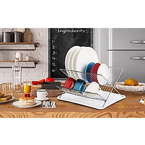 Youeon Foldable Dish Drying Rack with Drainboard, Stainless Steel 2 Tier Dish Drainer Rack, Collapsible Dish Drainer, Folding Dish Rack for Kitchen Sink, Countertop, Cutlery, Plates, Dishes