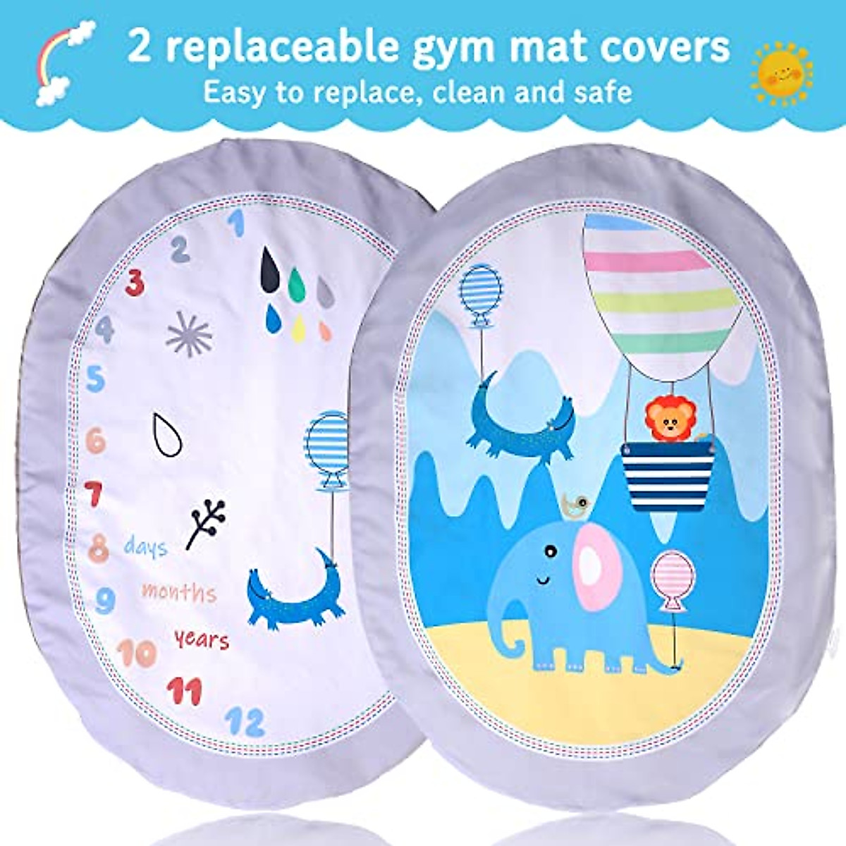 Baby Play Gym, Baby Play Mat Activity Gym with 2 Visual Replaceable Washable Mat Covers and 5 Toys Visual, Hearing, Touch, Cognitive Development for Baby to Toddler