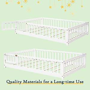 Tatub Full Size Floor Bed with Safety Guardrails, Door and Slats, Montessori Floor Bed Frame, Wood Montessori Floor Bed for Kids, Girls and Boys, Full-White