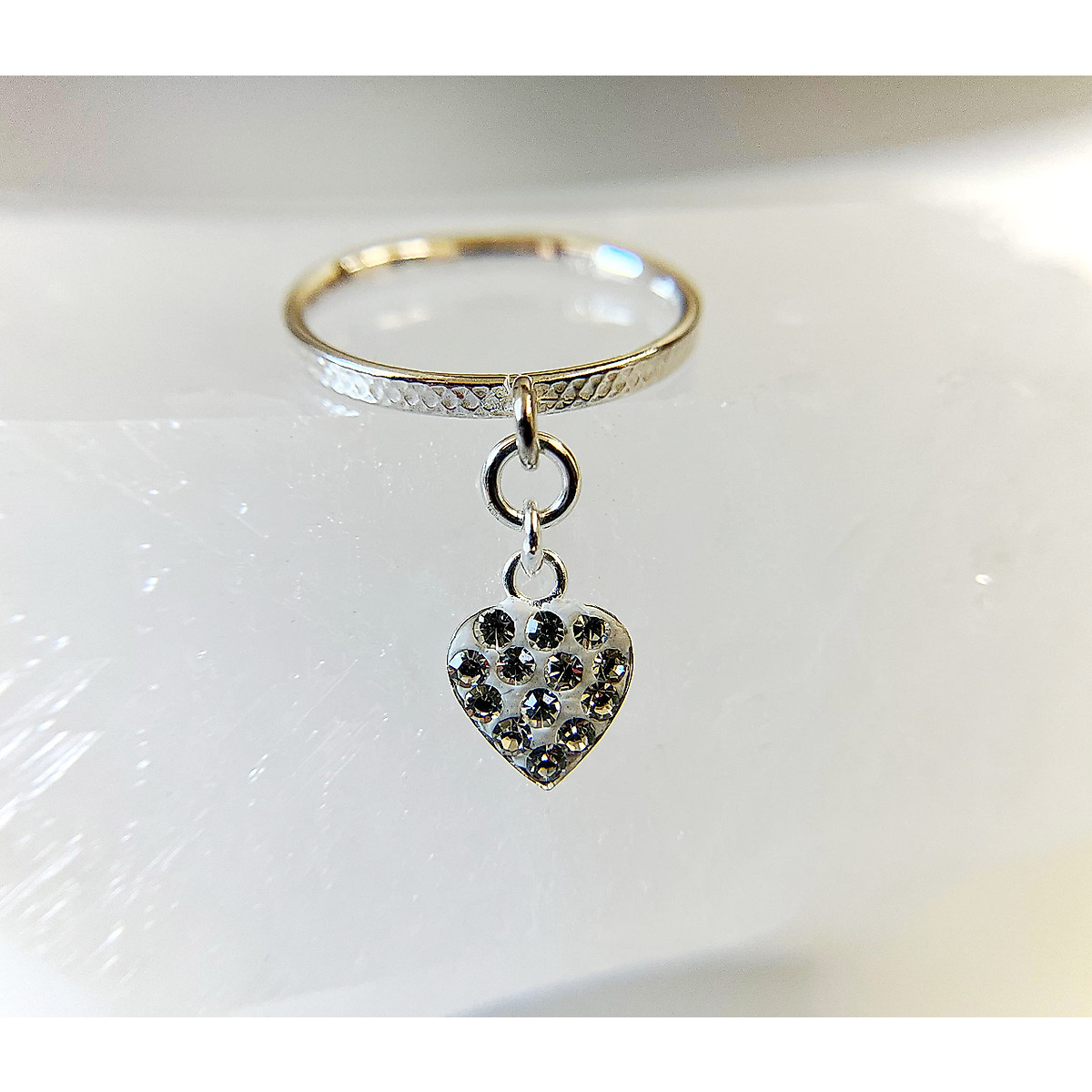 Heart Charm Ring, Dainty Clear Crystal Pave Charm Ring, Textured Band, Smooth Band, Sterling Silver Ring, Stackable Ring, Custom Size 5 6 7 8. Jewelry Inspirations