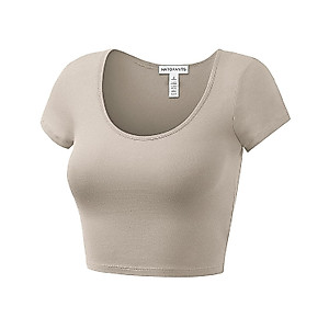 Women's Cotton Basic Scoop Neck Crop Tops Short Sleeve Tops ASHMOCHA S