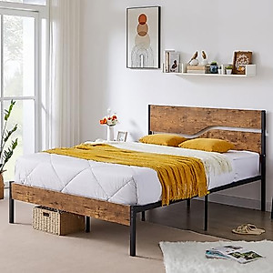 VECELO Platform Bed Frame Queen Size with Rustic Wood Headboard, Strong Metal Slats Support No Box Spring Needed, Easy Assembly
