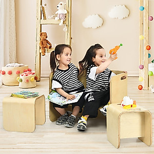 Costzon Kids Table and Chair Set, 4 in 1 Wood Activity Table, Bench, Storage Shelves, Desk for Children Reading, Arts, Crafts, Snack Time, Playroom, Fully Assembled, Toddler Table & Chair Set, Natural