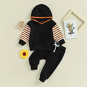 Hoanselay Toddler Baby Boy Color Block Sweatsuit Clothes Long Sleeve Hoodie Sweatshirt Top and Pants Fall Winter Outfit Set (Black striped, 18-24 Months)