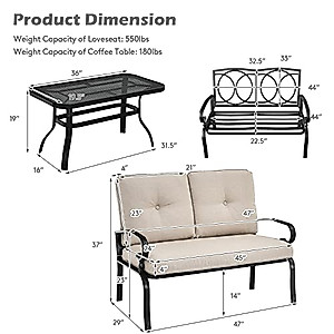 Giantex Patio Loveseat with Coffee Table Outdoor Bench with Cushion and Metal Frame, Loveseat Porch Furniture Set Sofa for Garden, Yard, Patio or Poolside (Light Beige & Black)