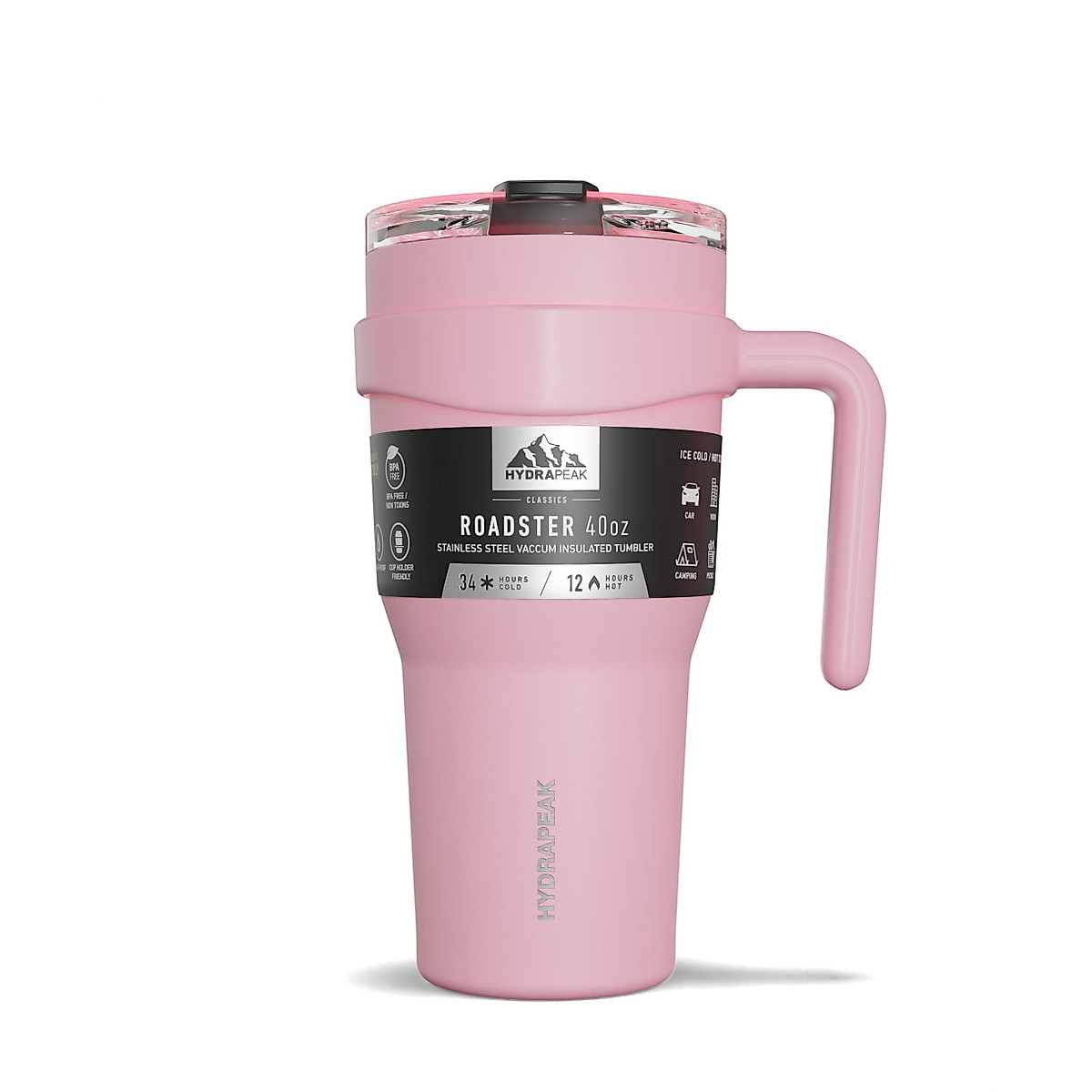 Hydrapeak Roadster 40oz Stainless Steel Tumbler Double Wall Vacuum Insulated Water Bottle With Handle And 2 in 1 Straw Lid (Bubblegum)