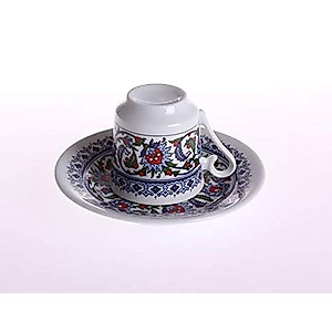 Amazing Turkish Arabic Coffee Espresso Cups 5 Pcs Fancy Set Famous Turkish Porcelain Cups with Saucers, Pot,Blue Velvet Authentic Box (Turkish Coffee Cup and Saucer (2 Sets) 4 Pieces)