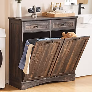 OUTGUAVA Double Tilt Out Trash Cabinet Kitchen Trash Bin Cabinet Recycling Trash Cabinet with Hideaway Drawers, 2x13 Gallons Pet Proof Trash Can Cabinet for Kitchen Living Room, Rustic Brown