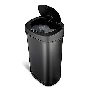 NINESTARS DZT-50-9BK Automatic Touchless Infrared Motion Sensor Trash Can, 13 Gal 50L, Black Steel Base (Oval, Black Lid)