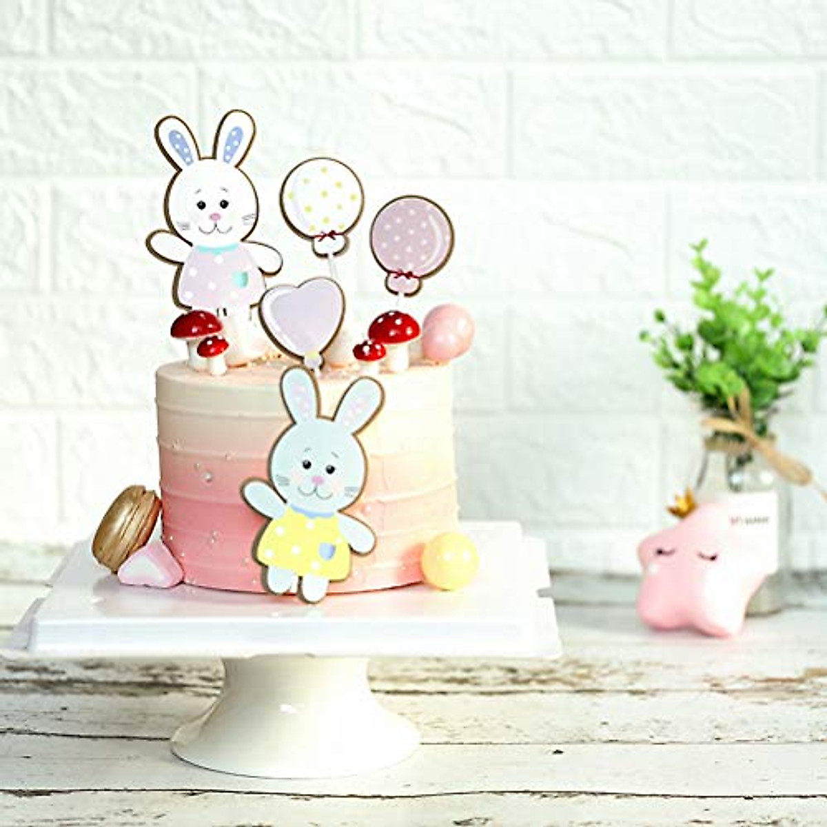 Amosfun Party Cake Decor Cartoon Rabbit Balloon Cake Toppers Lovely Double Layer Cake Toppers Creative Cake Decorative Plug Cards for Party Kids Day for Party Cake Decortion