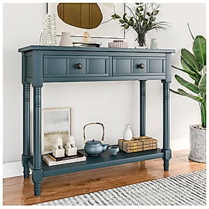 Venera Traditional Console Tables with Storage for Living Room - Solid Pine Wood Navy Blue 35 Inch Narrow Console Table with Storage for Kitchen or Entryway - Retro Hallway Table for Entryway