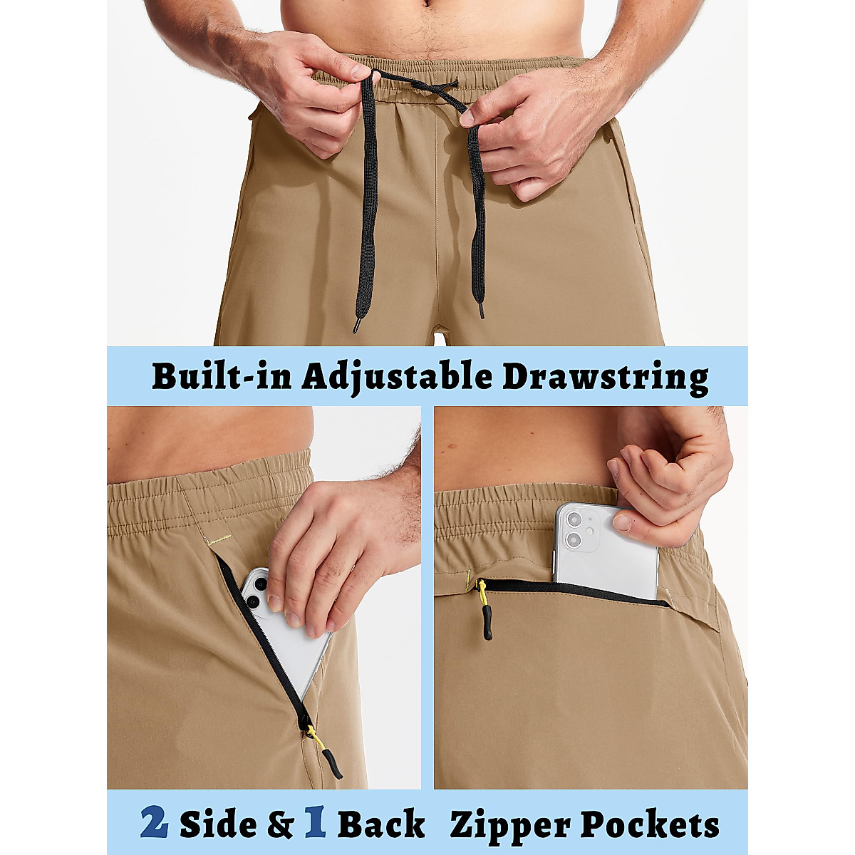 TACVASEN Athletic Shorts for Men Lightweight Quick Dry Running Gym Basketball Hiking Khaki Short with 3 Zipper Pockets