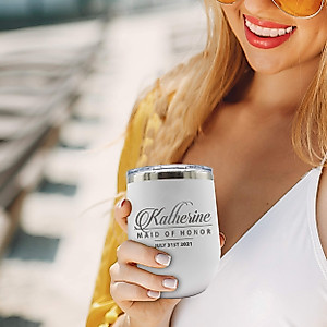Bridesmaid Stemless Wine Tumbler - Custom Personalized 12 oz Insulated Stainless Steel Cup - Bride, Maid of Honor (White)