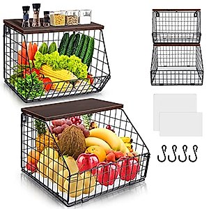 Mefirt Fruit Basket, Enlarged 2-Tier Kitchen Organization Wire Basket with Wood Lid, Stackable Wall-mounted & Countertop Tiered Storage Baskets for Potato Storage, Onion Storage, Snack Onganizer etc