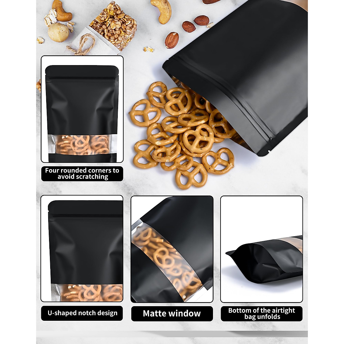 100 Pack Smell Proof Bags, Resealable Bags with Matte Window, Foil Pouch Stand Up Sealable Bags for Packaging（Black，4" x 6"）