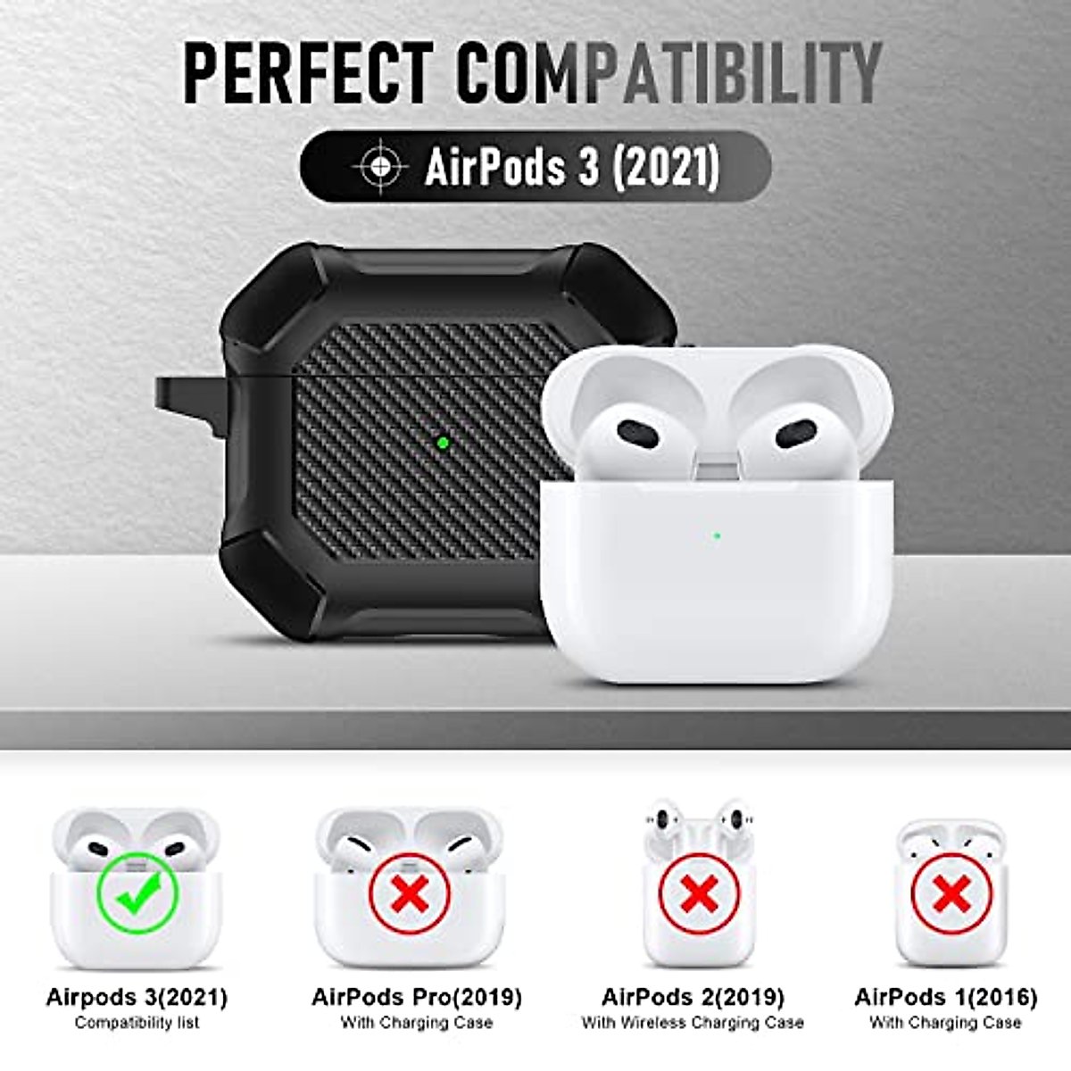 Maxjoy for for Airpods 3rd Generation Case, Carbon Fiber Secure Lock Clip Full Body Shockproof Hard Shell Protective Apple for Airpods 3 Case Cover with Keychain for AirPod 3rd Gen 2021 for Men, Black