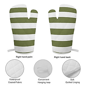 2Pcs Oven Mitts and Pot Holders Set, Olive Green and White Stripes Oven Mitts Gloves Set Heat Resistant Hot Pads for Kitchen Cooking Grill
