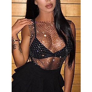 Yokawe Mesh Crystal Body Chain Black Rhinestone Fishnet Tank Tops See Through Bikini Party Body Accessories Jewelry for Women (Black)