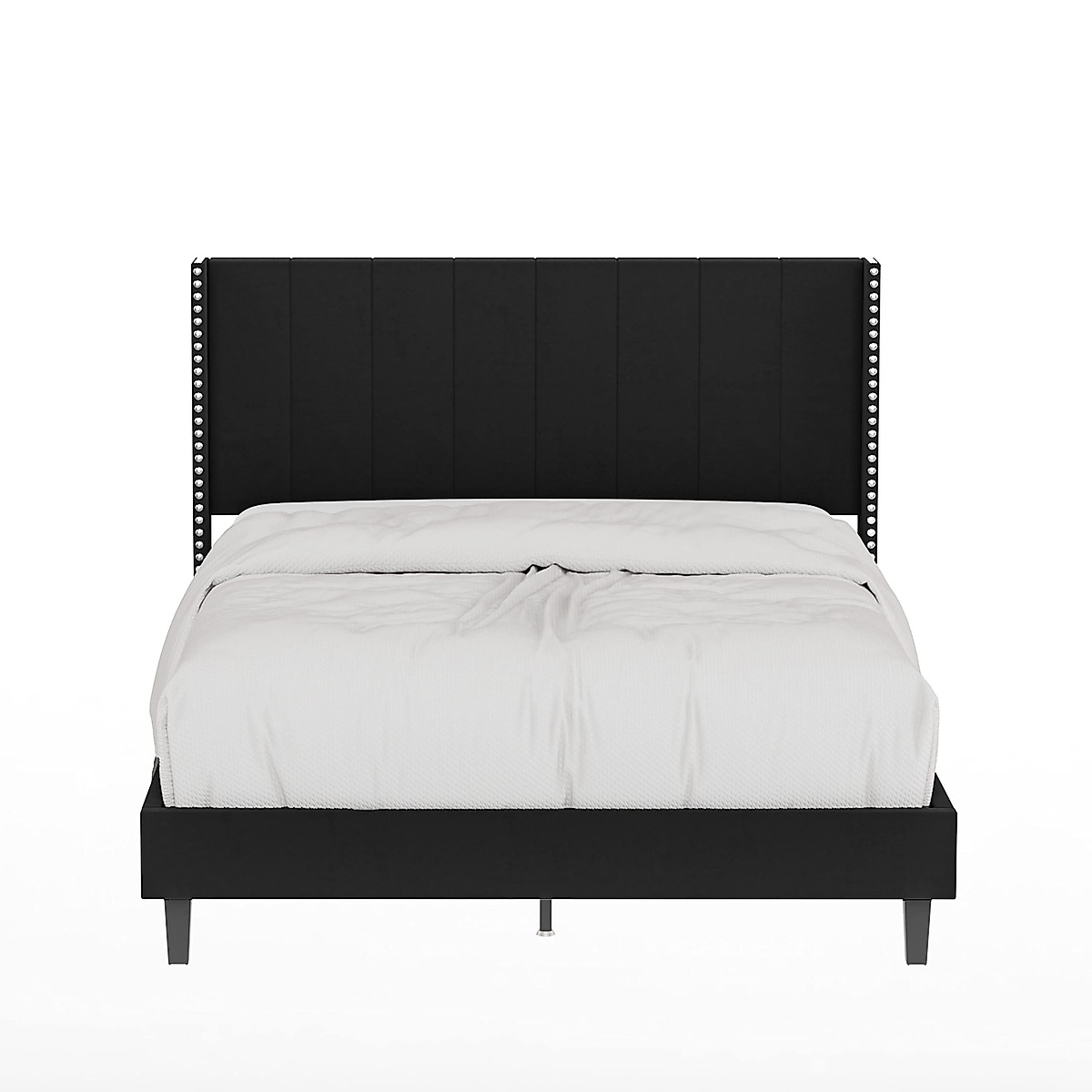 FANYHOM Queen Size Tufted Upholstered Bed Frame Low Profile Velvet Bed Frame Platform with Raised Wingback Headboard/No Box Spring Required/Wood Slat Support/Black
