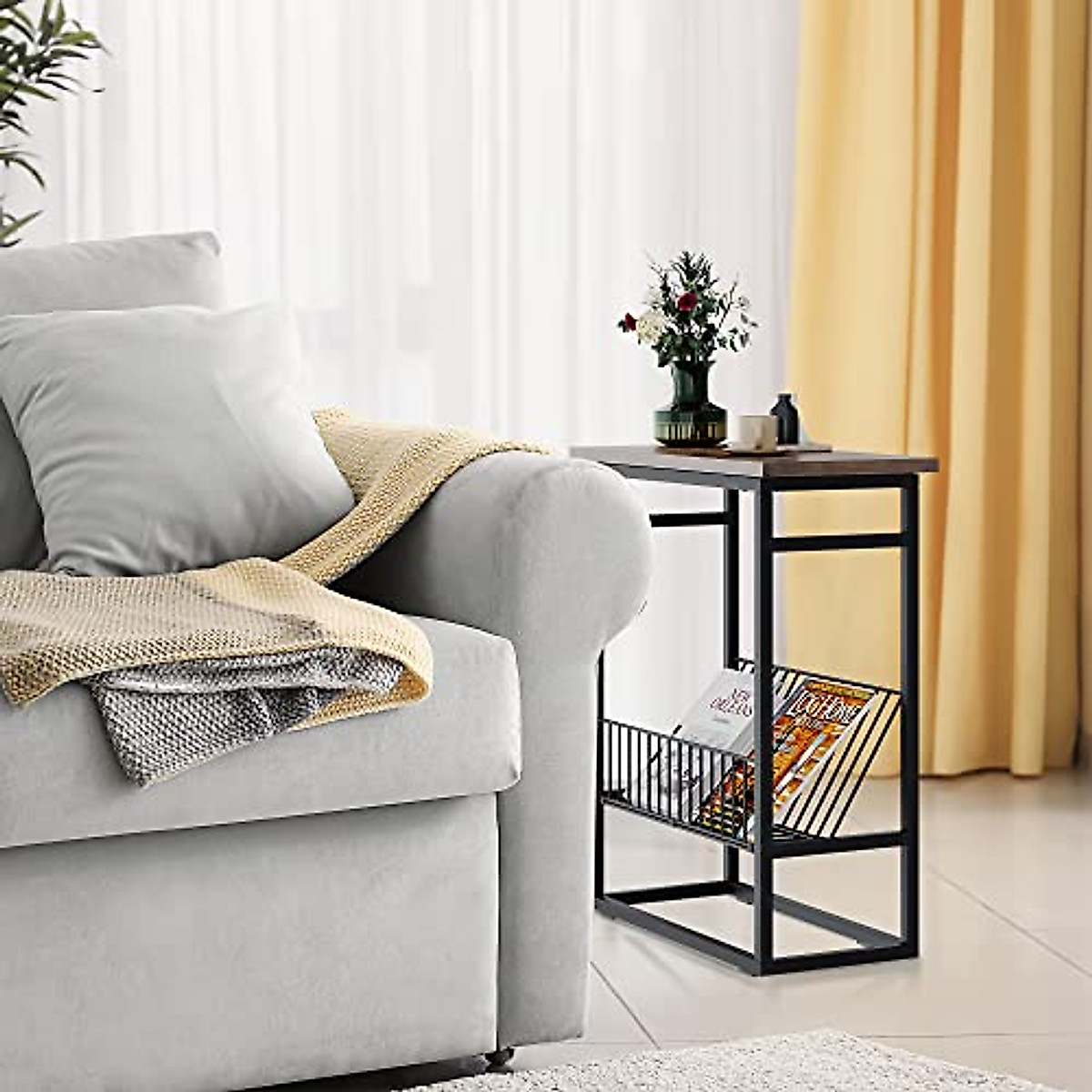 Unglehome End Table, Narrow Nightstand, Skinny Bedside Tables, Small Side Table for Small Spaces with Magazine Holder Rustic Slim Little Thin Table for Living Room, Bedroom, Sofa-Walnut