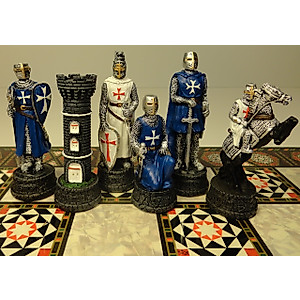 Medieval Times Crusades Warrior Chess Set Blue & White Maltese Cross with 16 1/2" Mossaic Color Board