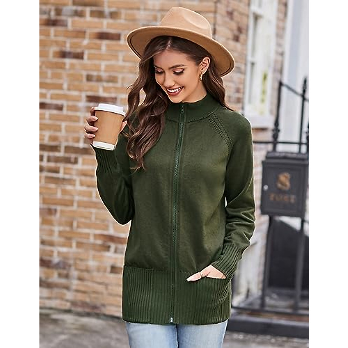 GRACE KARIN Women 2023 Fall Winter Zip Up Sweater Cardigan Long Sleeve Chunky Knit Sweater Jacket with Pockets S Dark Army Green