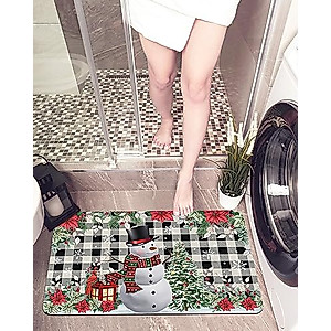 Christmas Snowman Bath Mat for Tub,Non Slip Bathroom Floor Runner Rug Quick Dry & Absorbent Diatomaceous Earth Shower Sink Washable Doormat,Black Grey Farmhouse Plaid Poinsettia Eucalyptus 16"x24"