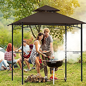 COOSHADE 8'x 5' Grill Gazebo Double Tiered Outdoor BBQ Gazebo Canopy with LED Light (Brown)
