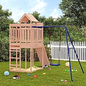 Loibinfen Outdoor Playset Solid Wood Douglas, Garden Play Set with 1 Play Tower, 1 Climbing Wall, 1 Single Swing Set, Modern Outdoor Backyard Children's Climbing Wood Playground Playset,-4544