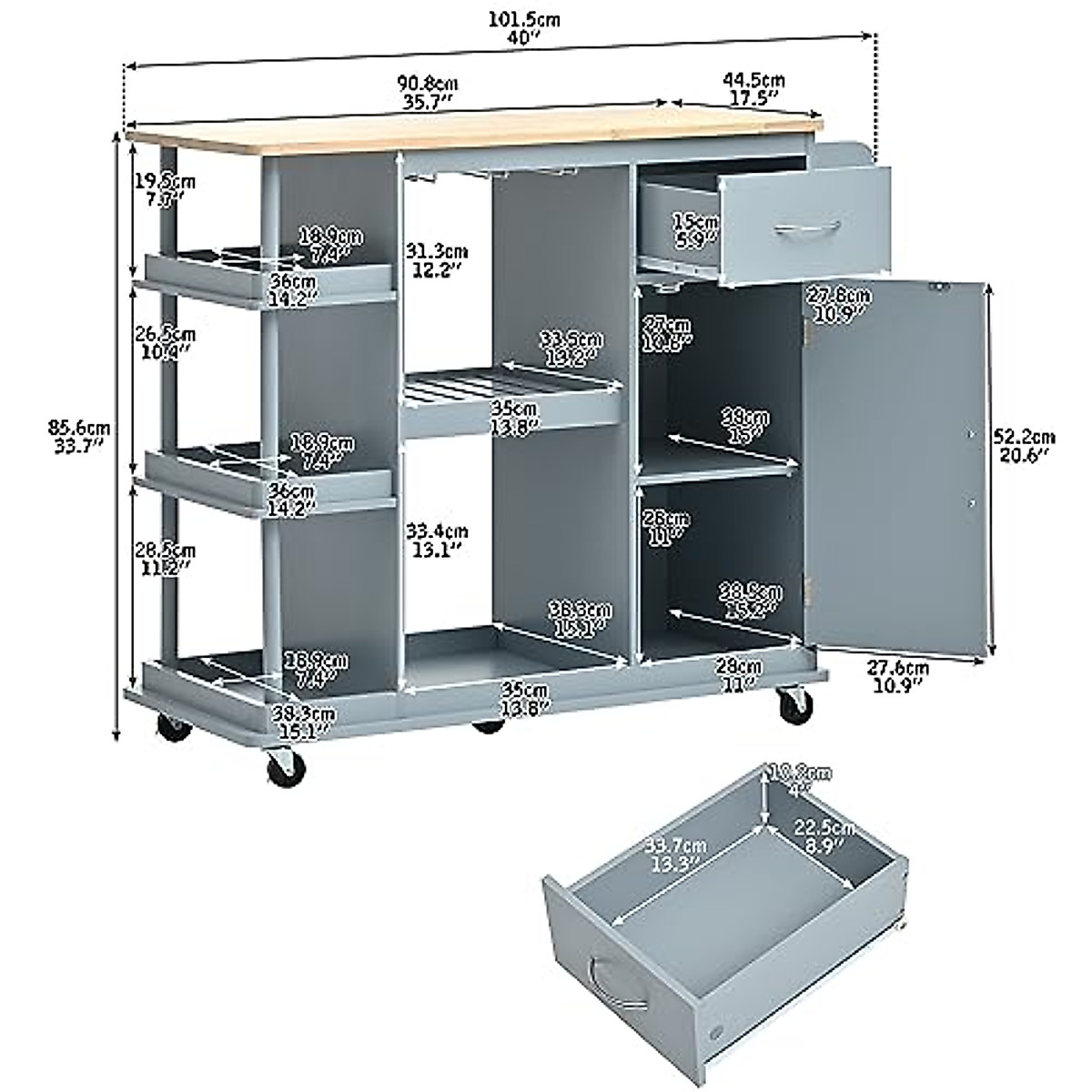 Plebs Home Multipurpose Kitchen Cart Cabinet, with Side Storage Shelves, Rubber Wood Top, Adjustable Storage Shelves, 5 Wheels, Kitchen Storage Island with Wine Rack, for Dining Room, Home - Gray Blue