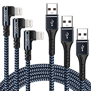 VODBOV iPhone Charger Lightning Cord 3Pack 1FT 3FT 6FT Right Angle MFi Certified Cable Braided USB Charging Wire High Speed Black