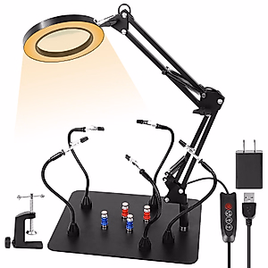 Soldering Station Kit with Clamp Magnifying Glass for Close Work, YSaekYeo Heavy Base & 2-in-1 Desk Magnifier with Stand, Adjustable Magnetic Helping Hands & Solder Arms, 3-Color LED (1BCW-MG-02)