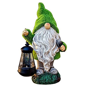TERESA'S COLLECTIONS Fall Decor Outdoor Statue for Home, Resin Gnome Decorations with Solar Outdoor Lights for Garden Decor,Green Garden Sculptures & Statues for Front Patio Lawn, Gifts for Mom,11.8"
