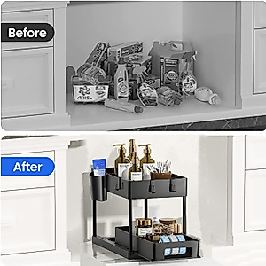 Under Sink Organizer 2 Pack,2 Tier Under Bathroom Sink Organizer With Sliding Drawer and Hooks,Under Kitchen Cabinet Organizer,Under Sink Organizers and Storage Shelf for Kitchen Bathroom(Black)