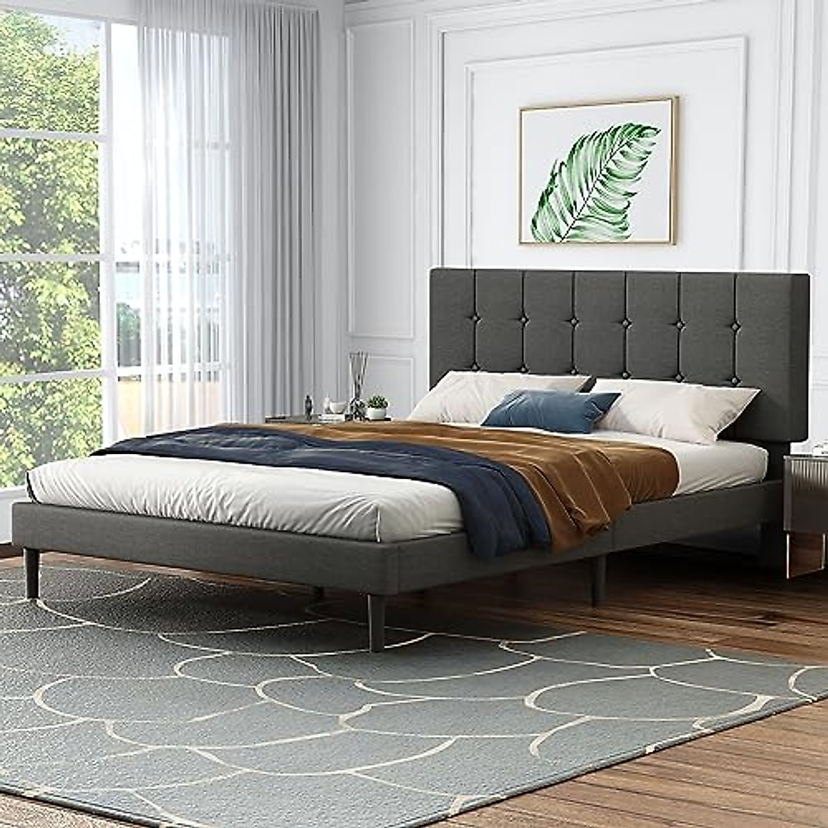 IULULU Queen Bed Frame, Upholstered Platform Bed Frame with Linen Fabric Headboard, Queen Size Mattress Foundation with Wooden Slats Support, Easy Assembly, No Box Spring Needed, Dark Grey