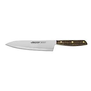 ARCOS Chef Knife 8 Inch Stainless Steel. Professional Kitchen Knife for Cooking. Ovengkol Wood Handle 100% natural FSC and 210 mm Blade. Series Nordika. Color Brown.