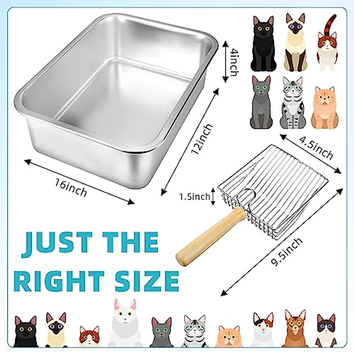 Zhehao 3 Pcs Stainless Steel Cat Litter Box with 3 Pcs Wood Handle Cat Litter Scoop, 15.8 x 11.8 x 3.9 Inch Metal Litter Box Rustproof Non Stick Cat Pan with Deep Cat Scooper for Bunny Kitten Kitty
