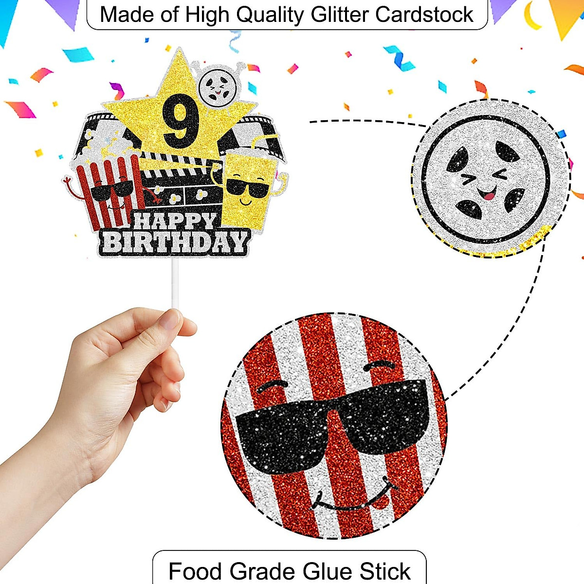 Movie Themed Happy 9th Birthday Cake Topper for Kids - Perfect for a boy or girl's movie-themed birthday party, movie night party, or Hollywood party popcorn movie projector decorations -SugarGera