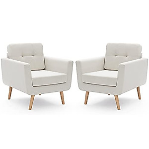 Tbfit Linen Fabric Accent Chairs Set of 2, Mid Century Modern Armchair for Living Room, Bedroom Button Tufted Upholstered Comfy Reading Accent Chair Sofa(White Beige)