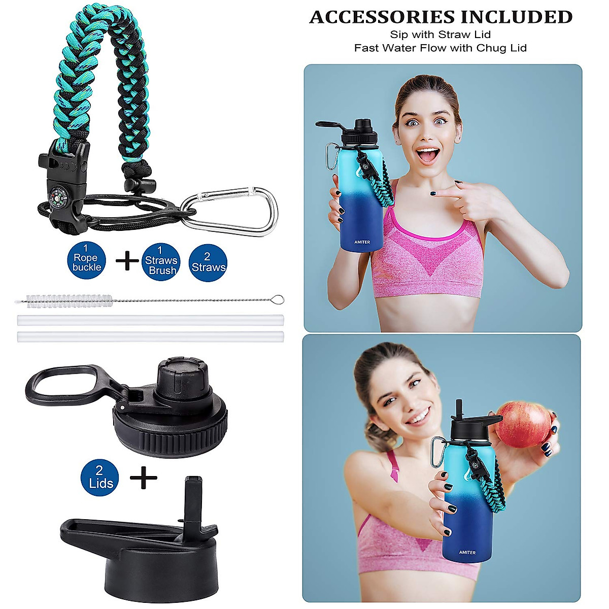 AMITER Insulated Bottle with Straw & Spout Lid, Wide Mouth Stainless Steel Water Bottles with Paracord Handle - 22oz, 32oz, 40oz, 64oz