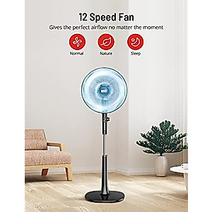 PARIS RHÔNE Fans for Home Bedroom, Oscillating Fan with Remote,16" Standing Floor Fans for Home, Dual Blade with 3 Wind Modes 12 Speed Levels,18-Hour Timer, Adjustable Height 44 to 53.1 Inch, Black