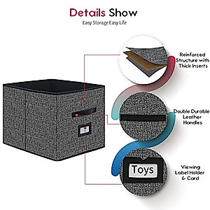 Onlyeasy Large Foldable Cloth Storage Cubes 4 Pack with Label Holders - Fabric Storage Bins Baskets Organizers for Home Office Nursery Cubby with Leather Handles, 13Wx15Dx13H Inch, Black, MXABXL04PLP