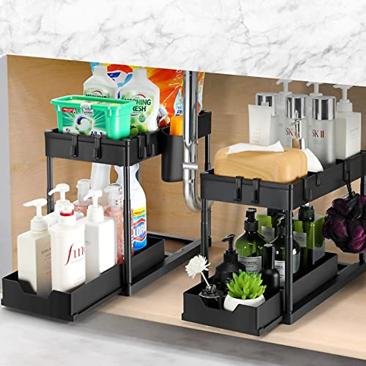 Under Sink Organizers and Storage, Adjustable Height Sliding Drawer 2 Tier Cabinet Organizer with Pull Out Drawer/Hook/Cup/Dividers for Bathroom Kitchen (Black)